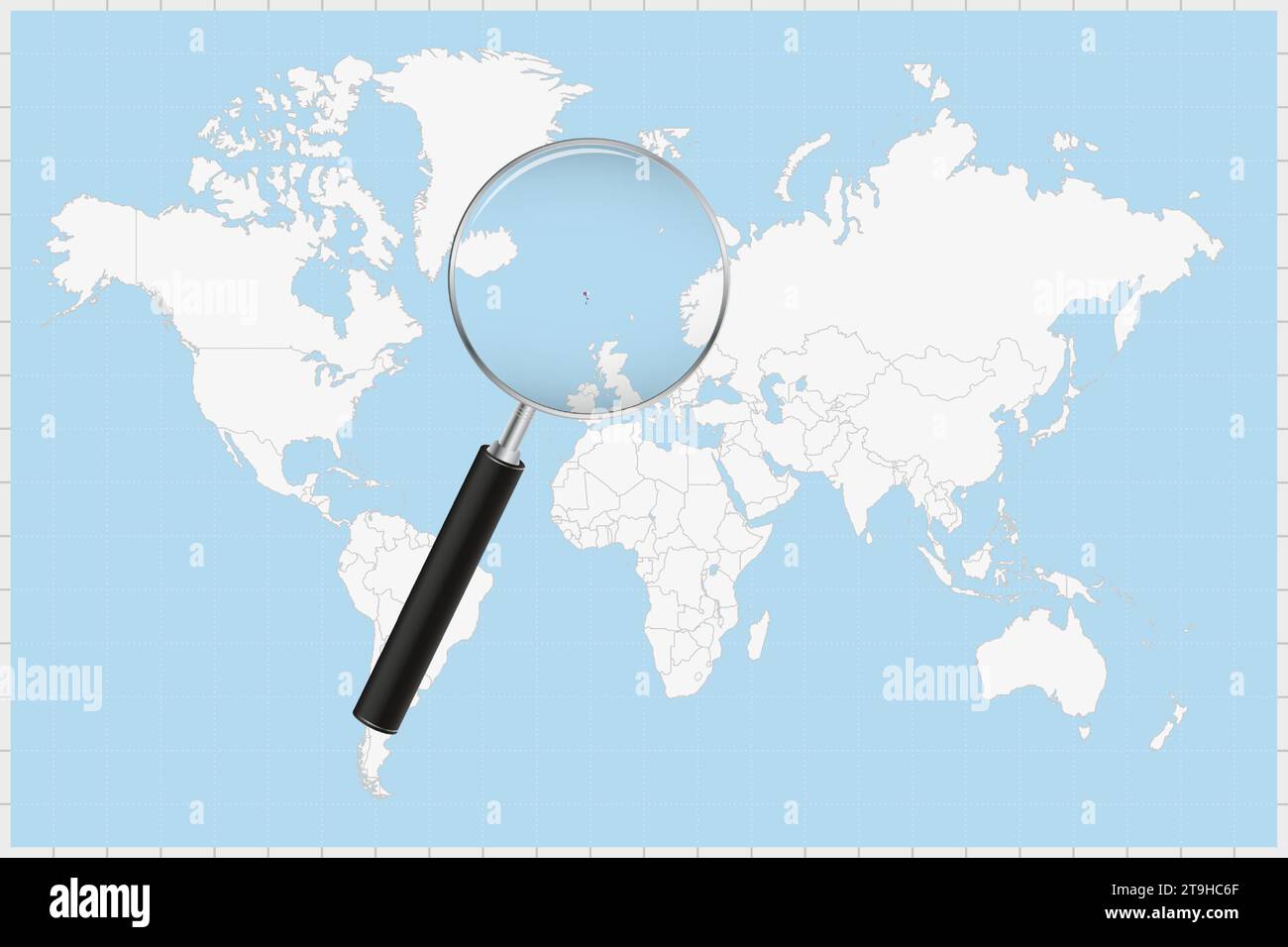 Magnifying glass showing a map of Faroe Islands on a world map. Faroe Islands flag and map ...