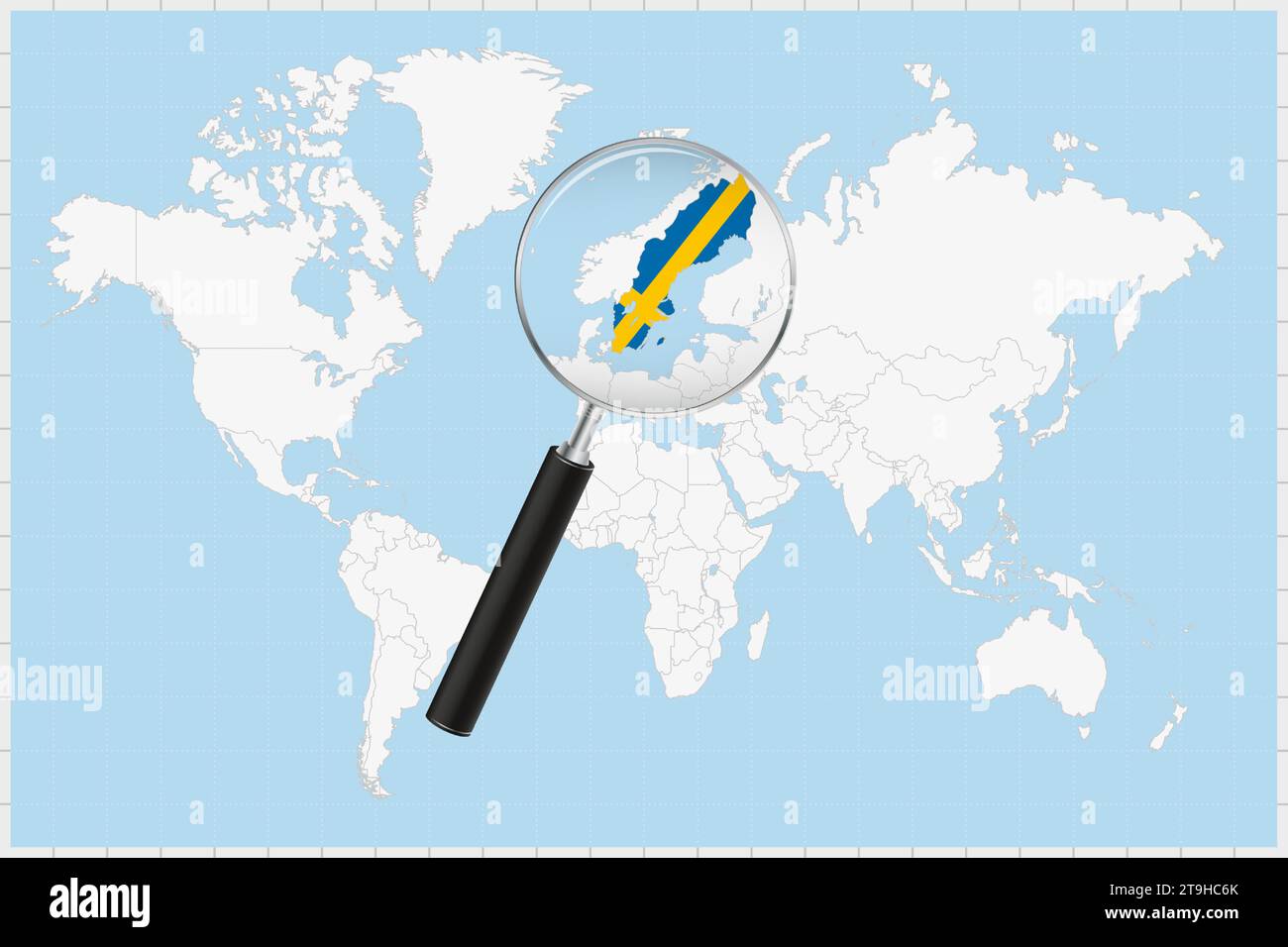 Magnifying glass showing a map of Sweden on a world map. Sweden flag and map enlarge in lens ...