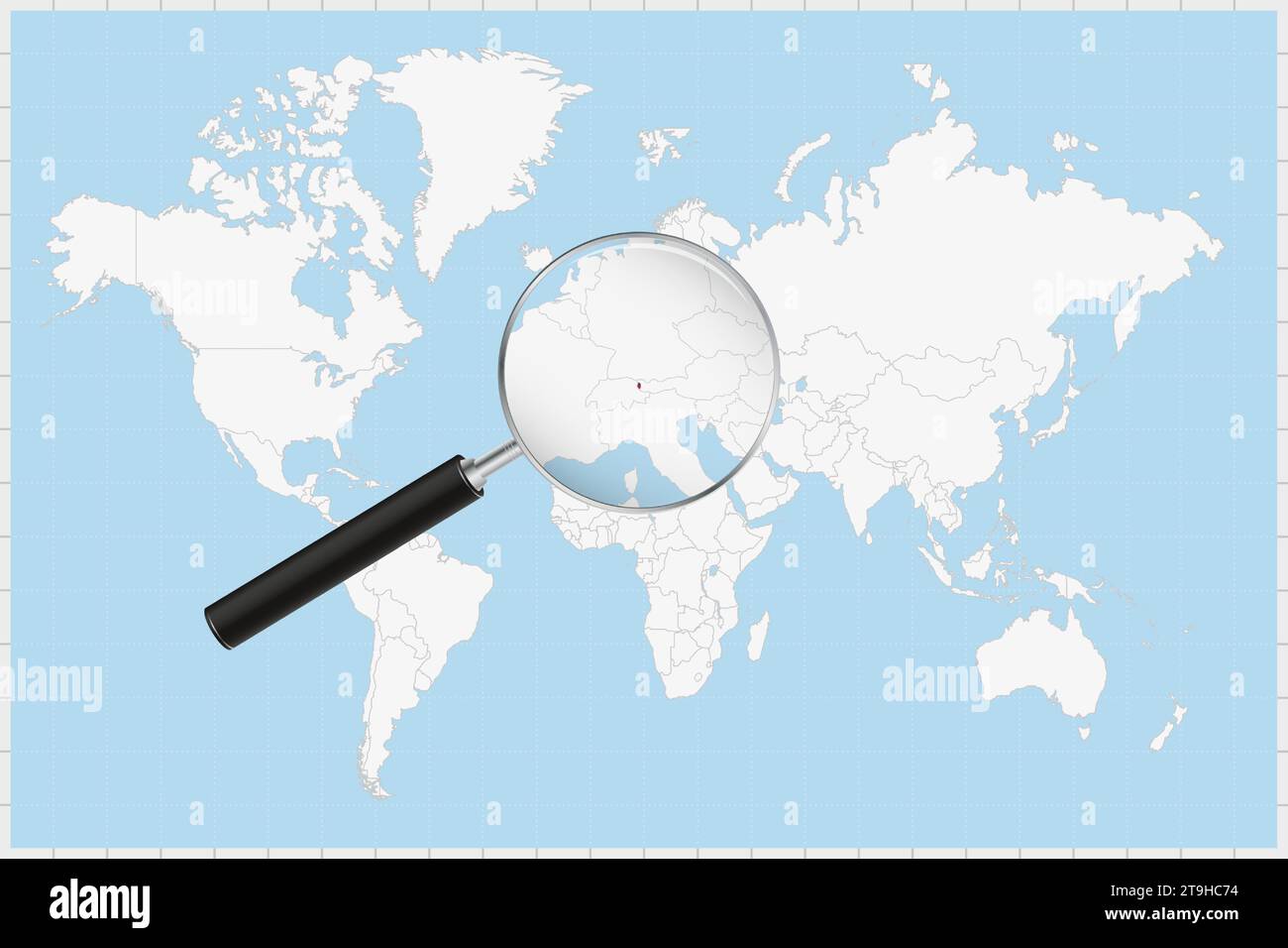Magnifying glass showing a map of Liechtenstein on a world map. Liechtenstein flag and map ...