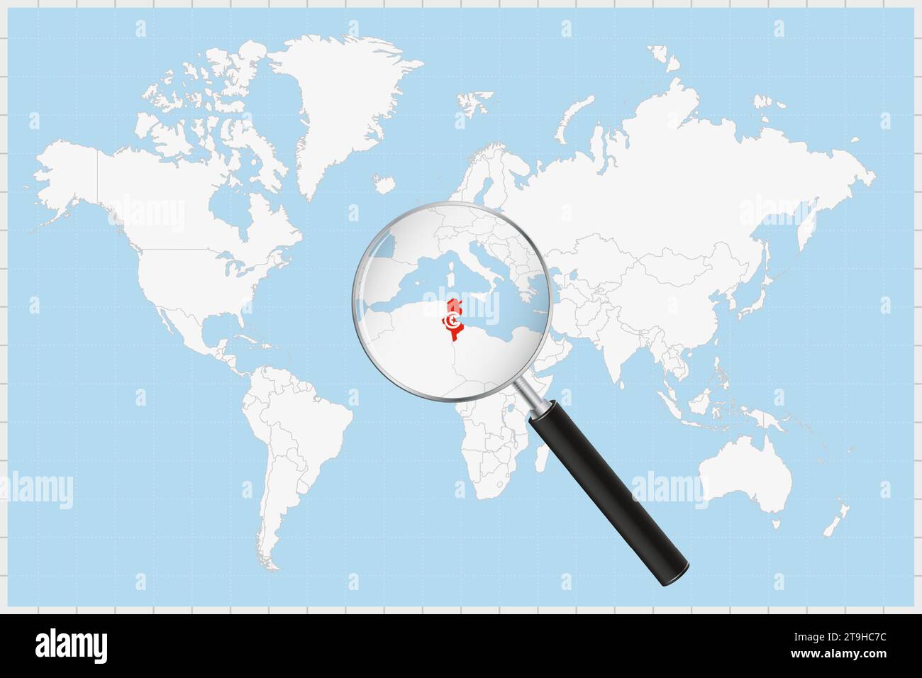Magnifying glass showing a map of Tunisia on a world map. Tunisia flag and map enlarge in lens ...
