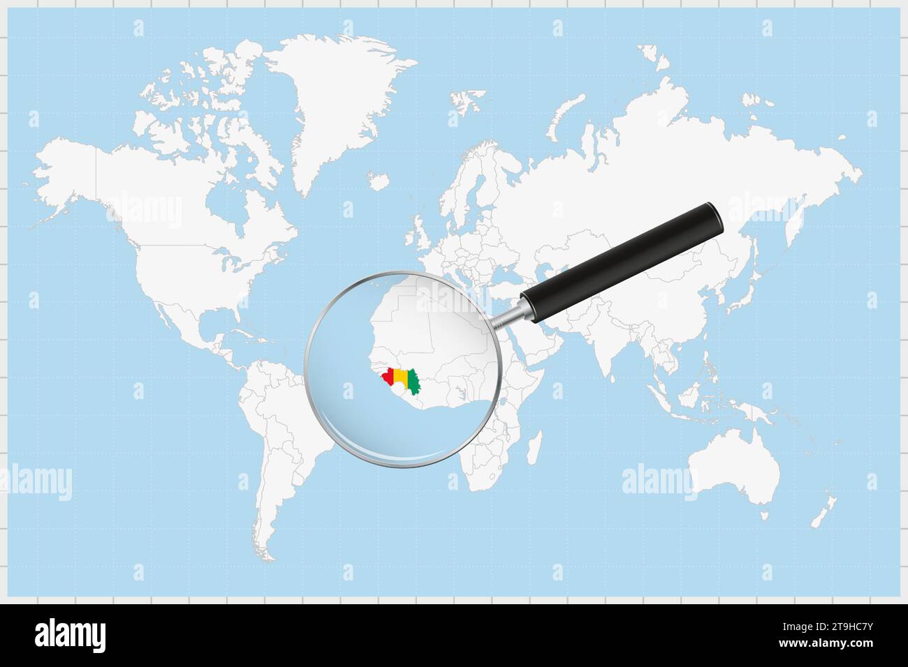 Magnifying glass showing a map of Guinea on a world map. Guinea flag and map enlarge in lens ...