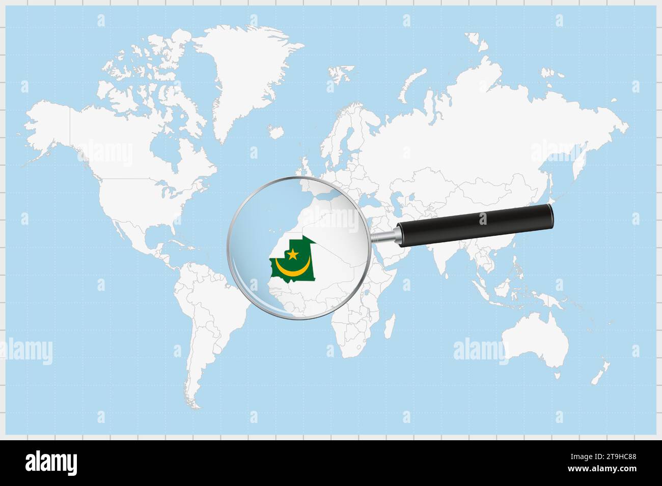 Magnifying glass showing a map of Mauritania on a world map. Mauritania flag and map enlarge in ...