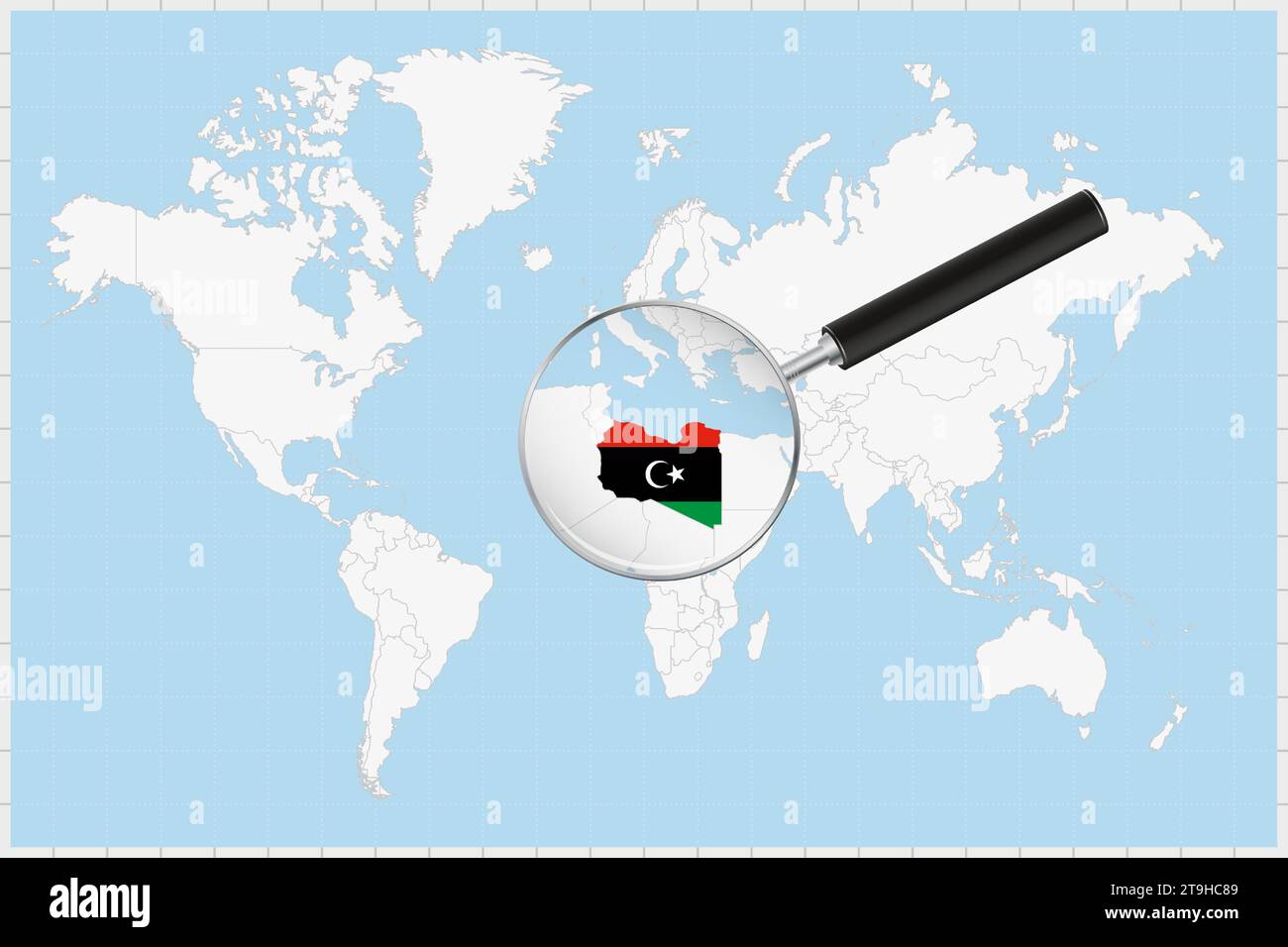 Magnifying glass showing a map of Libya on a world map. Libya flag and map enlarge in lens ...