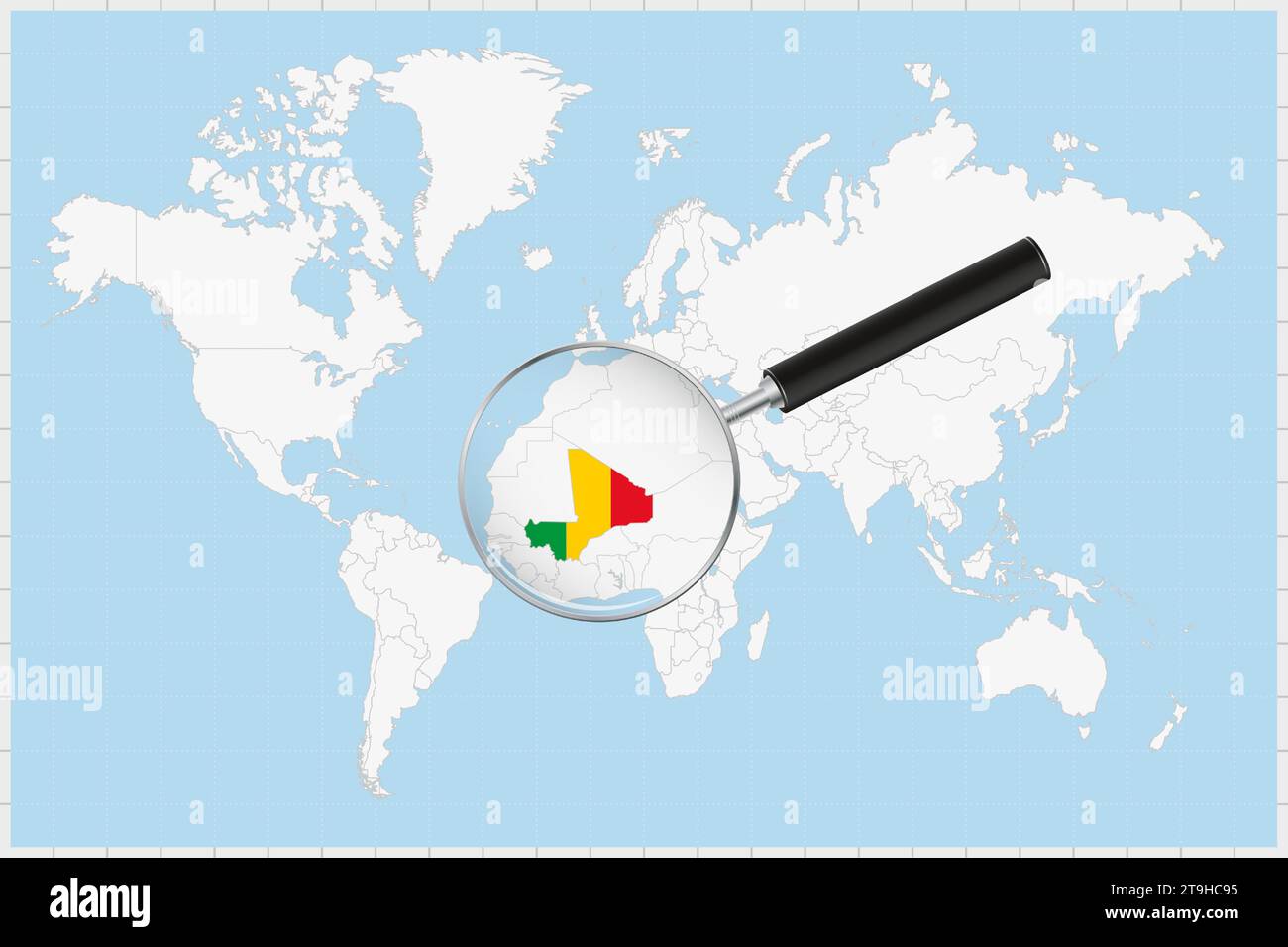 Magnifying glass showing a map of Mali on a world map. Mali flag and map enlarge in lens. Vector ...