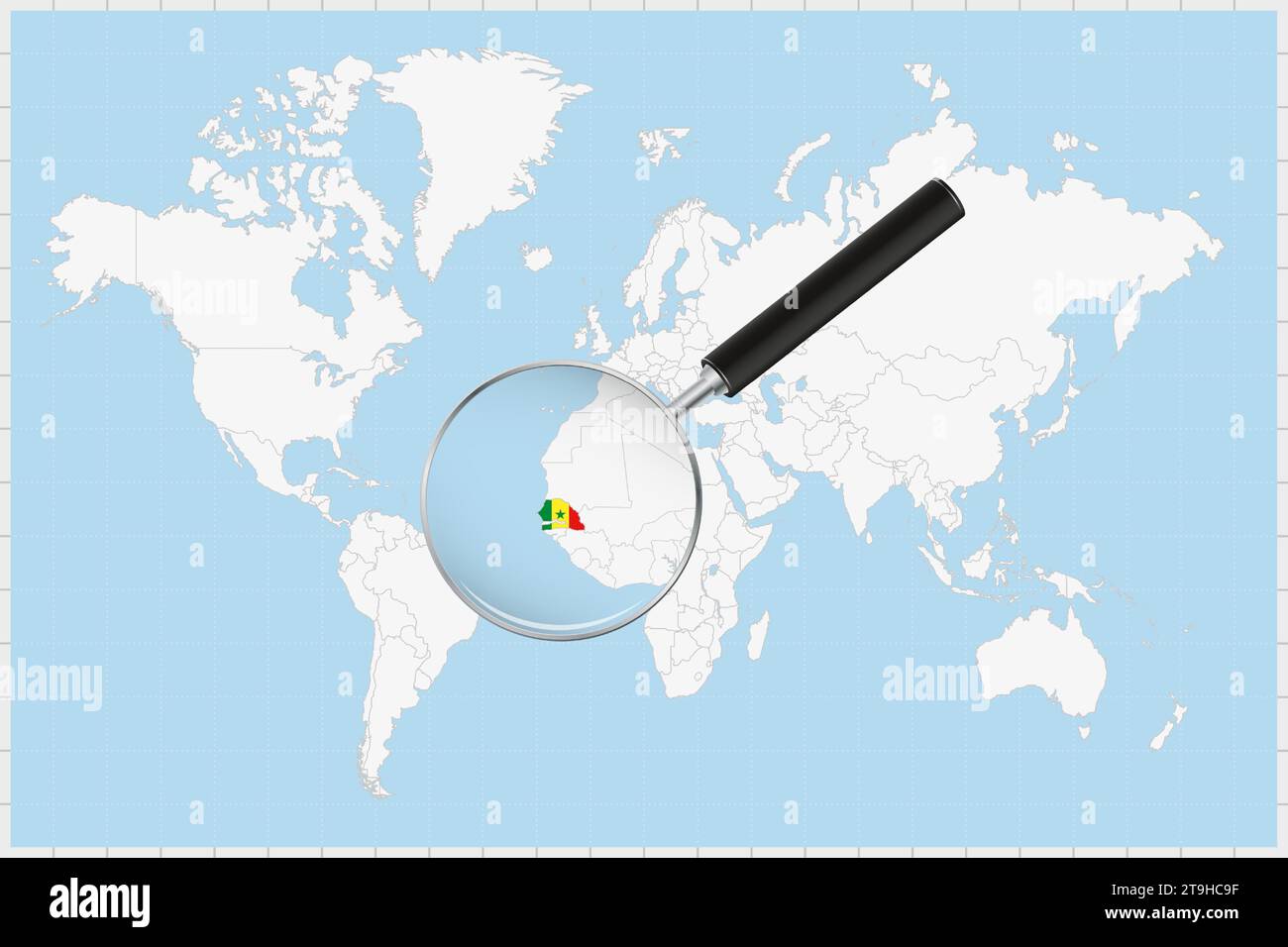 Magnifying glass showing a map of Senegal on a world map. Senegal flag and map enlarge in lens ...