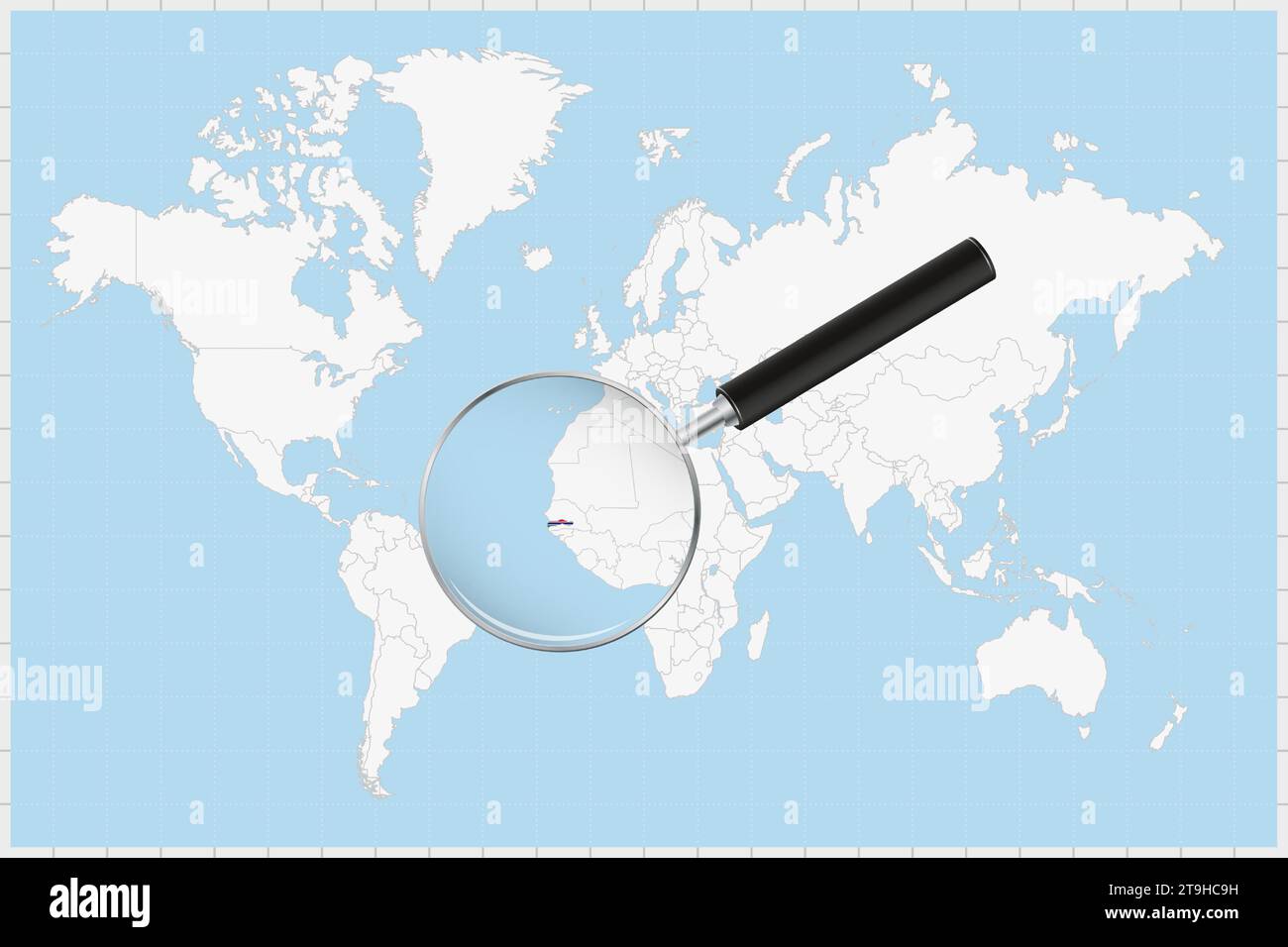 Magnifying glass showing a map of Gambia on a world map. Gambia flag and map enlarge in lens ...