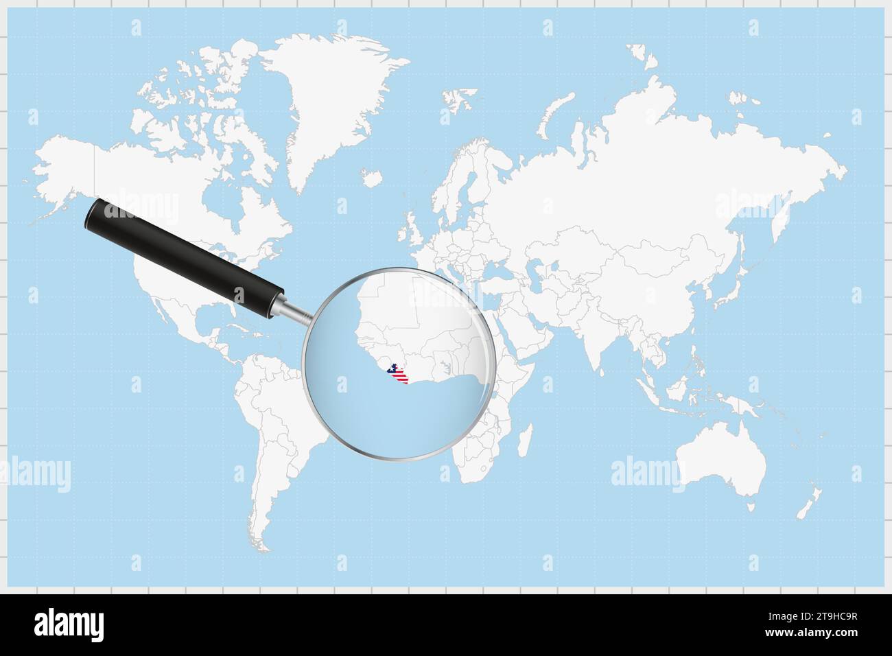 Magnifying glass showing a map of Liberia on a world map. Liberia flag ...