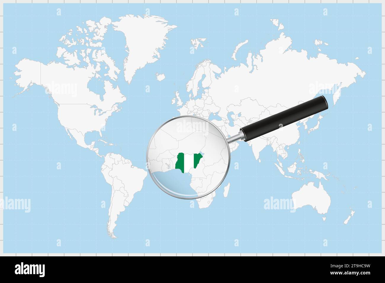 Magnifying glass showing a map of Nigeria on a world map. Nigeria flag and map enlarge in lens ...