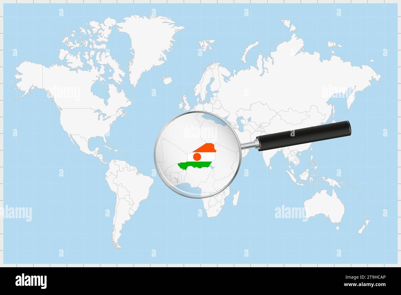 Magnifying glass showing a map of Niger on a world map. Niger flag and map enlarge in lens ...