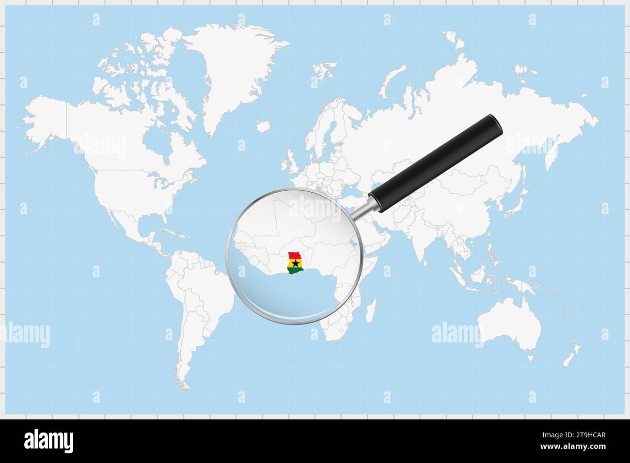Magnifying glass showing a map of Ghana on a world map. Ghana flag and map enlarge in lens ...