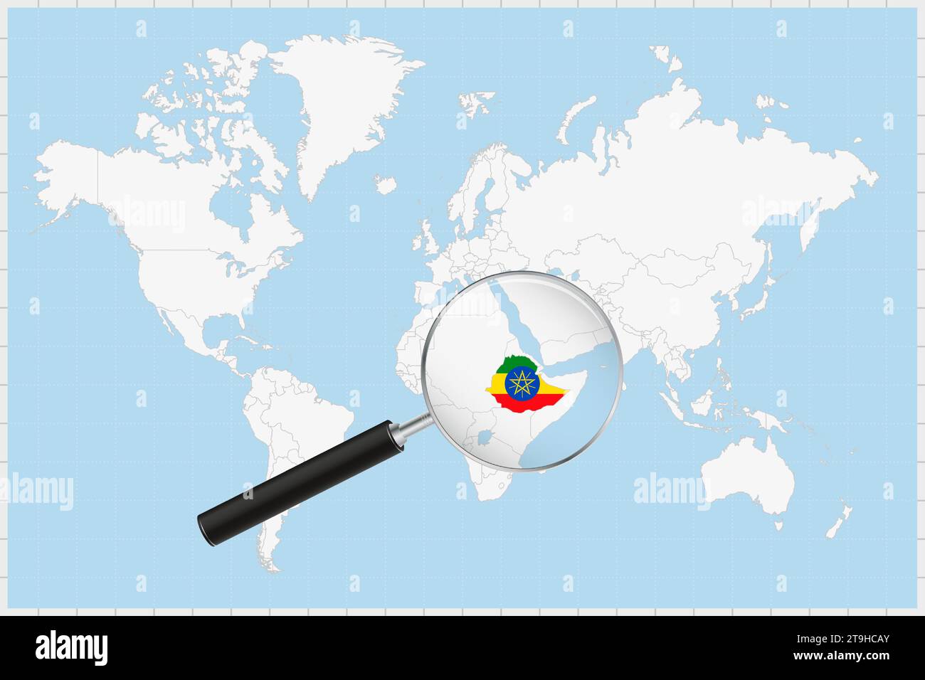 Magnifying glass showing a map of Ethiopia on a world map. Ethiopia ...