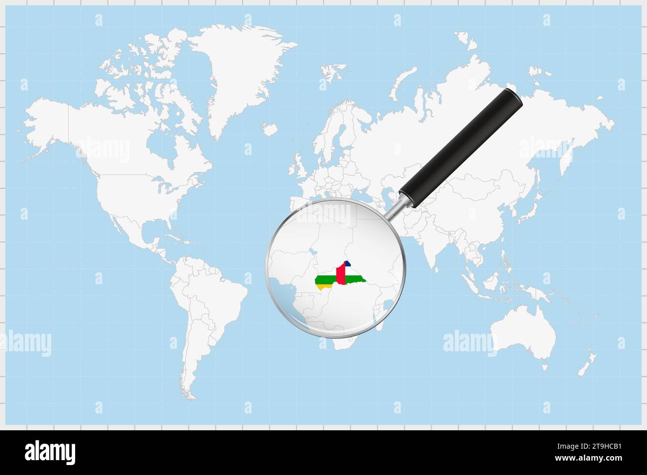 Magnifying glass showing a map of Central African Republic on a world ... Magnifying glass showing a map of Central African Republic on a world ...