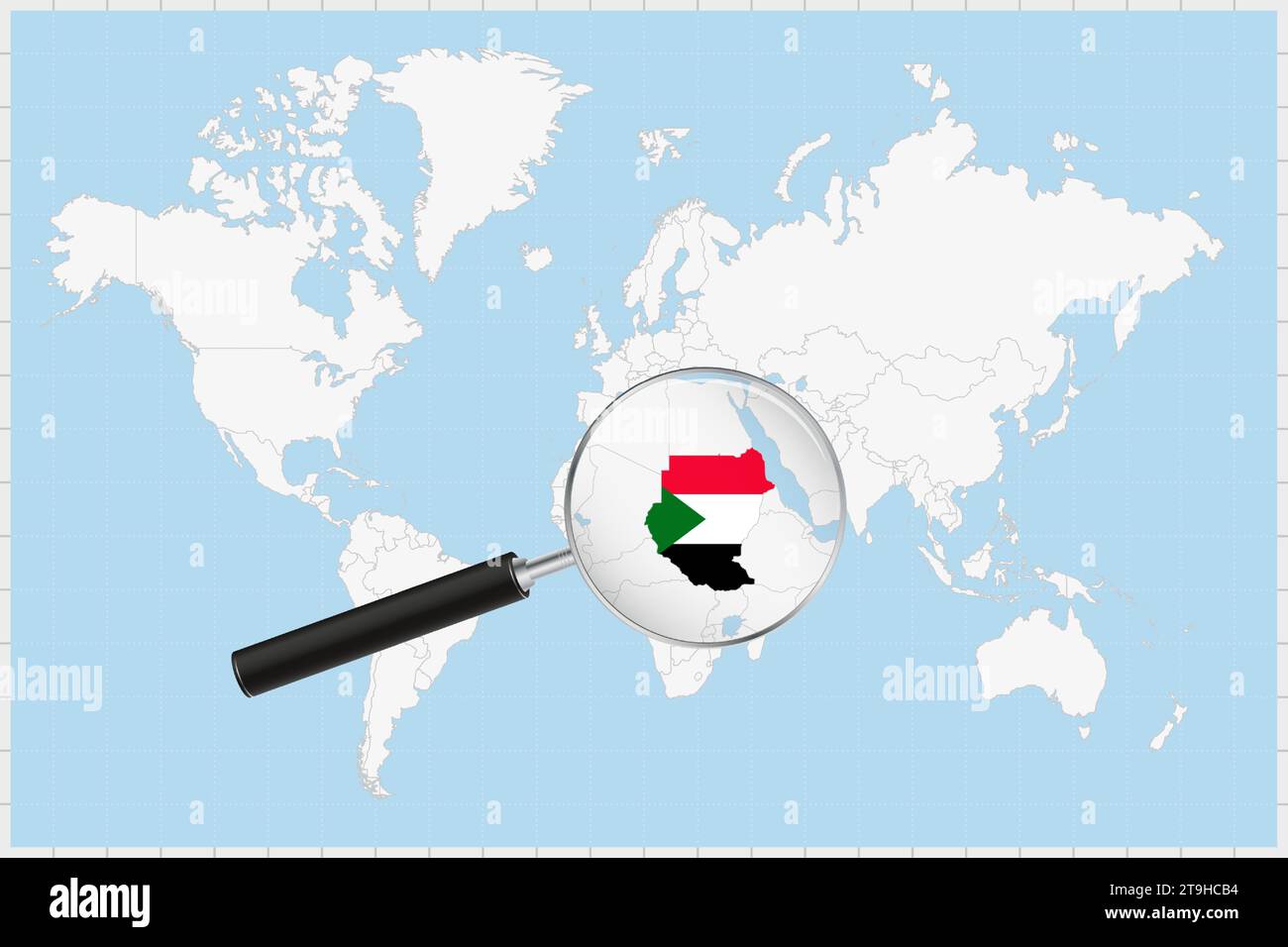 Magnifying glass showing a map of Sudan on a world map. Sudan flag and map enlarge in lens ...