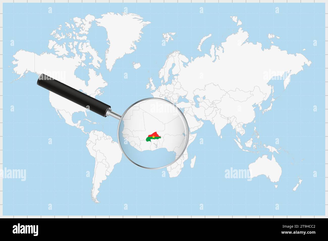 Magnifying glass showing a map of Burkina Faso on a world map. Burkina Faso flag and map enlarge ...