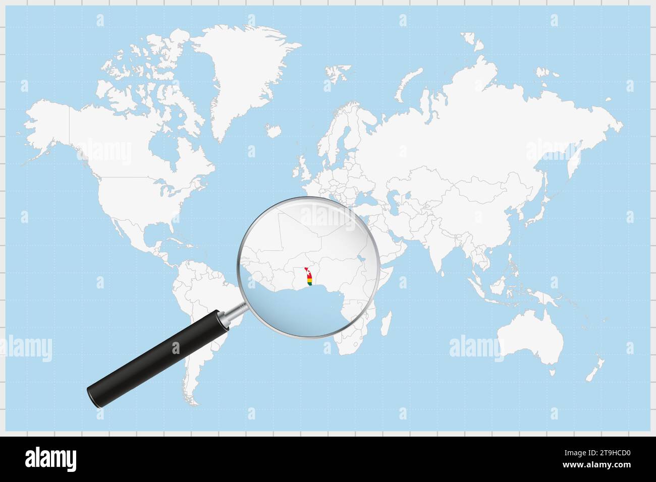 Magnifying glass showing a map of Togo on a world map. Togo flag and ...