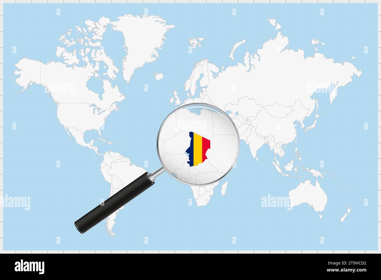 Magnifying glass showing a map of Chad on a world map. Chad flag and map enlarge in lens. Vector ...