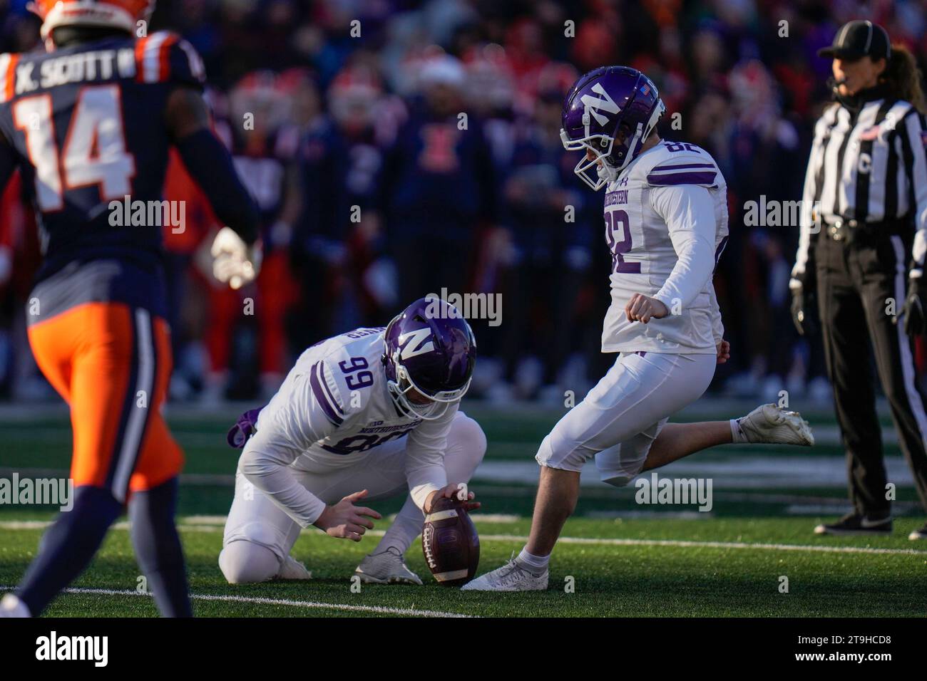 Northwestern place-kicker Jack Olsen (82) boots a field goal during the ...