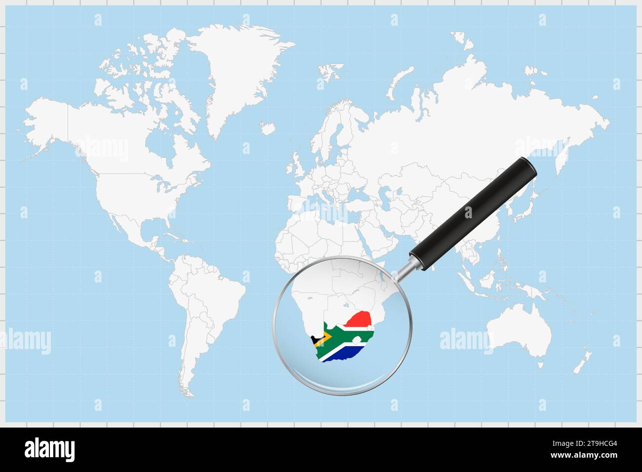 Magnifying glass showing a map of South Africa on a world map. South Africa flag and map enlarge ...