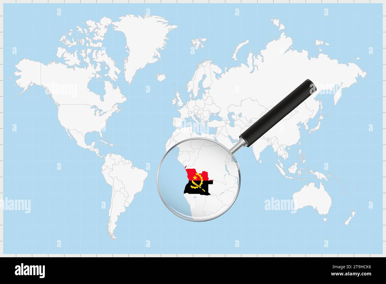 Magnifying glass showing a map of Angola on a world map. Angola flag and map enlarge in lens ...