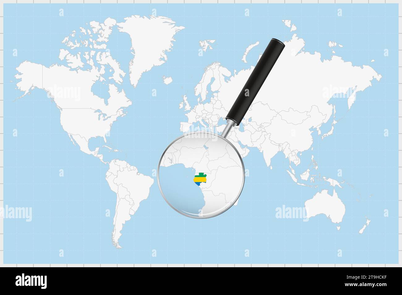 Magnifying glass showing a map of Gabon on a world map. Gabon flag and map enlarge in lens ...