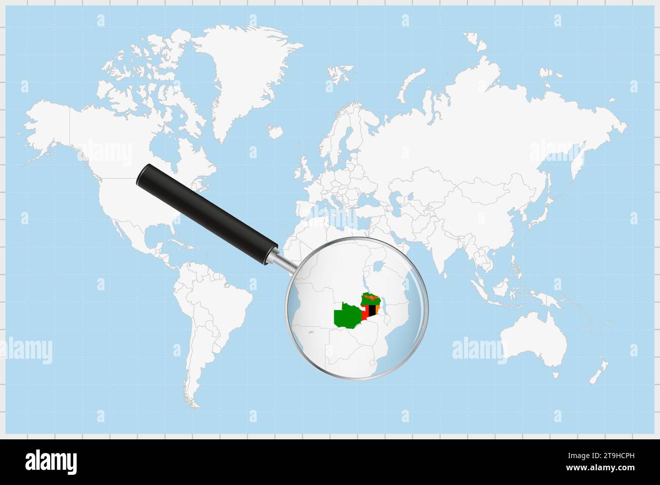 Magnifying glass showing a map of Zambia on a world map. Zambia flag and map enlarge in lens ...