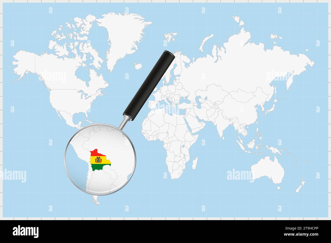 Magnifying glass showing a map of Bolivia on a world map. Bolivia flag and map enlarge in lens ...
