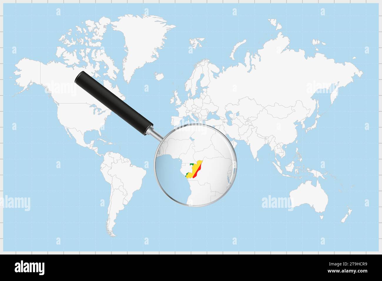 Magnifying glass showing a map of Congo on a world map. Congo flag and ...