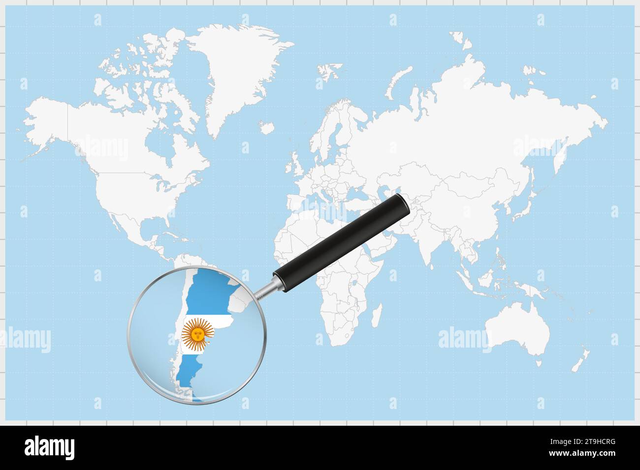 Magnifying glass showing a map of Argentina on a world map. Argentina flag and map enlarge in ...