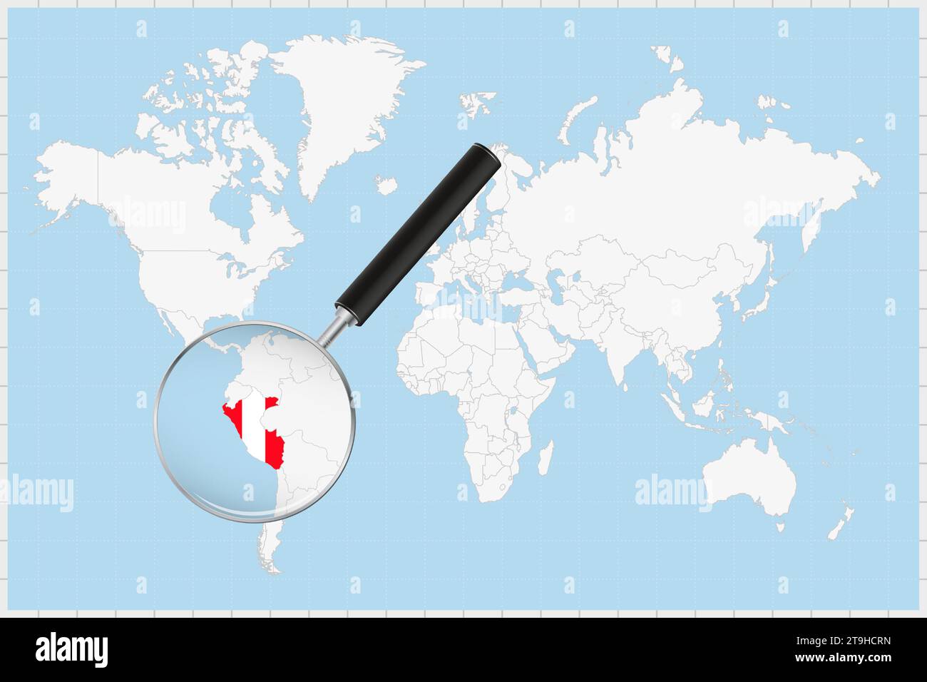 Magnifying glass showing a map of Peru on a world map. Peru flag and map enlarge in lens. Vector ...