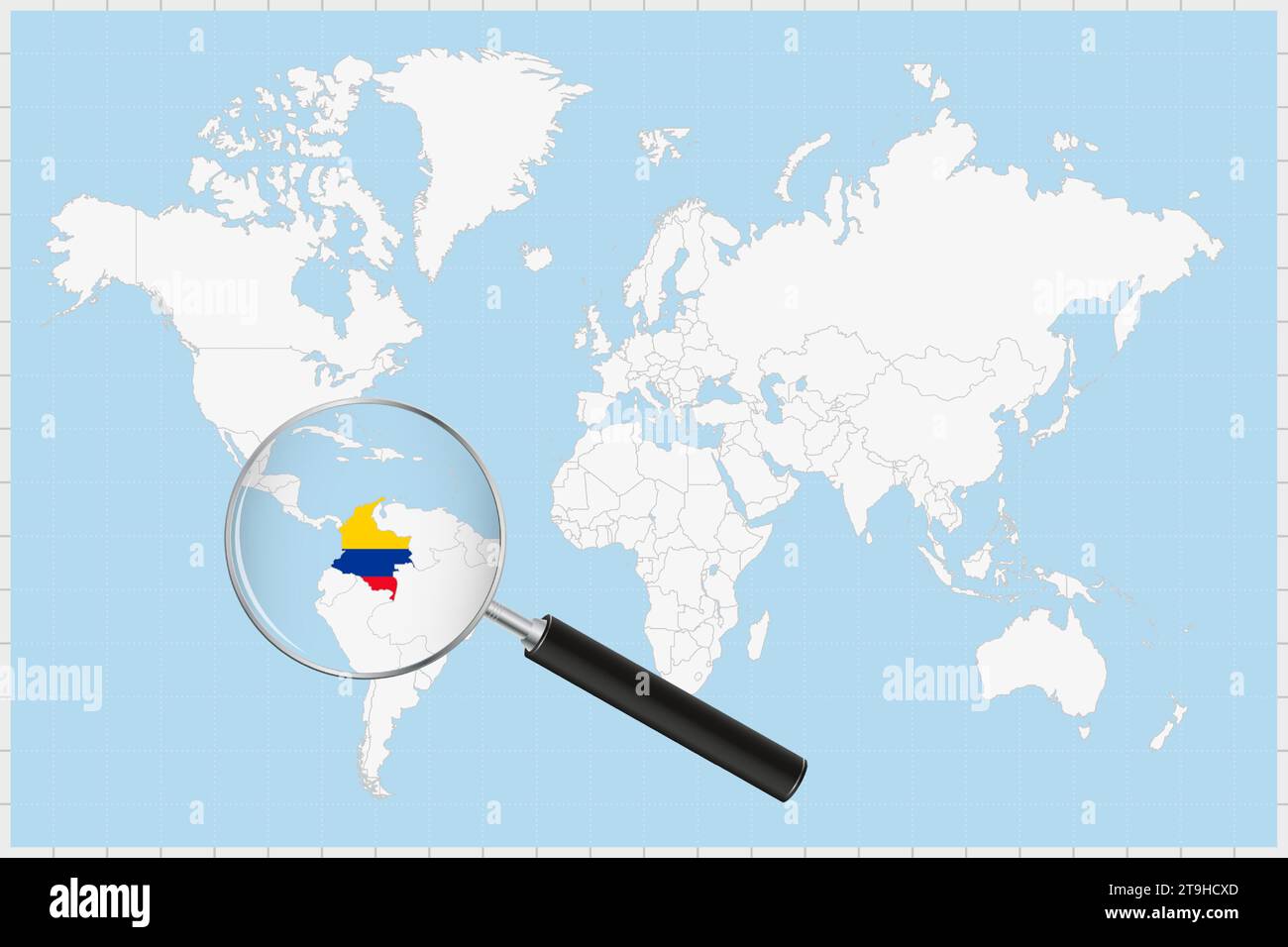 Magnifying glass showing a map of Colombia on a world map. Colombia ...