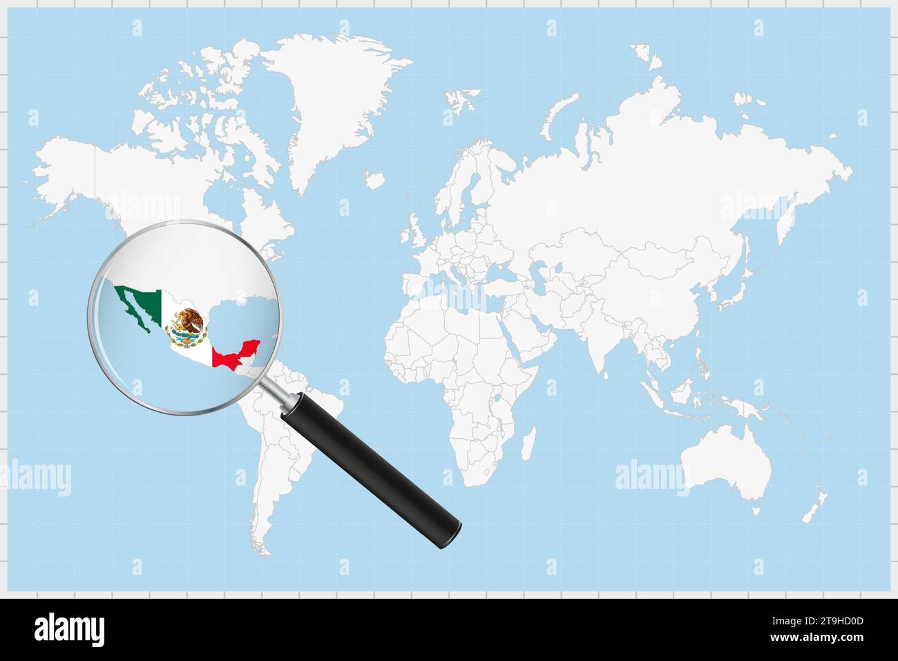 Magnifying glass showing a map of Mexico on a world map. Mexico flag ...