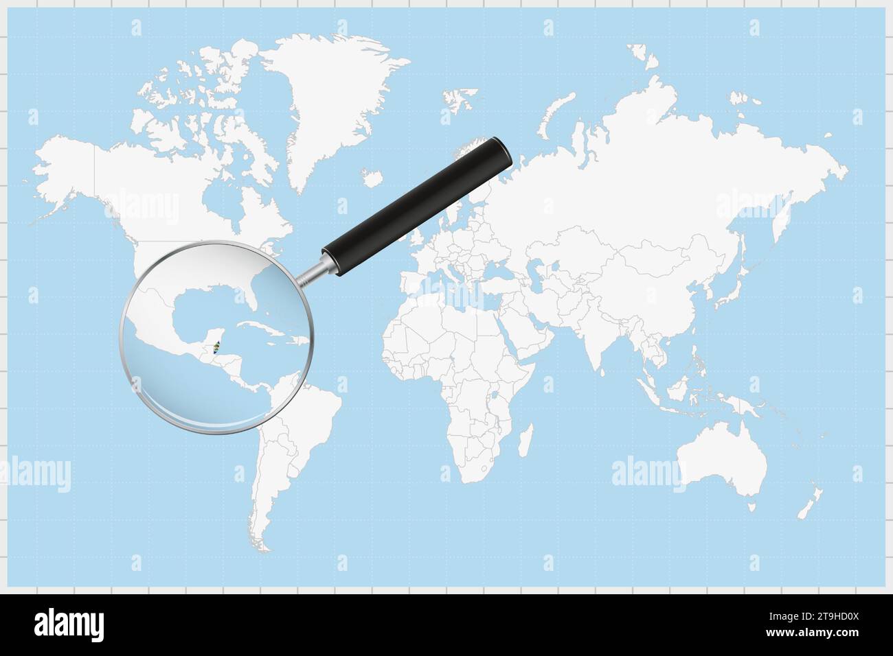 Magnifying glass showing a map of Belize on a world map. Belize flag and map enlarge in lens ...