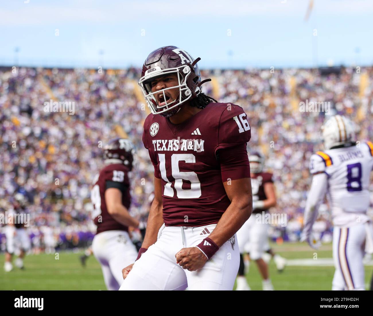 November 25, 2023: Texas A&M quarterback Jaylen Henderson (16) reacts ...