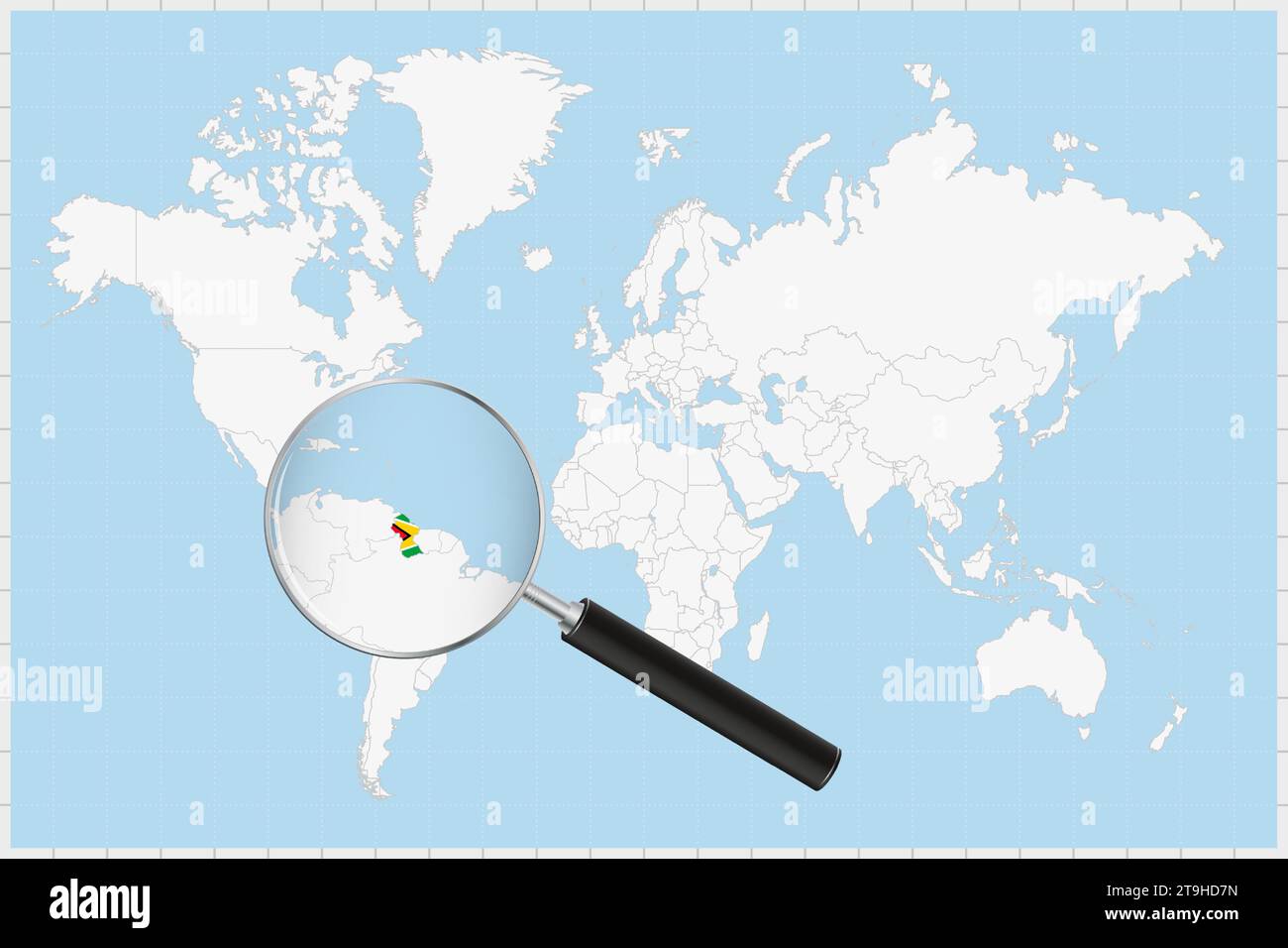 Magnifying glass showing a map of Guyana on a world map. Guyana flag ...