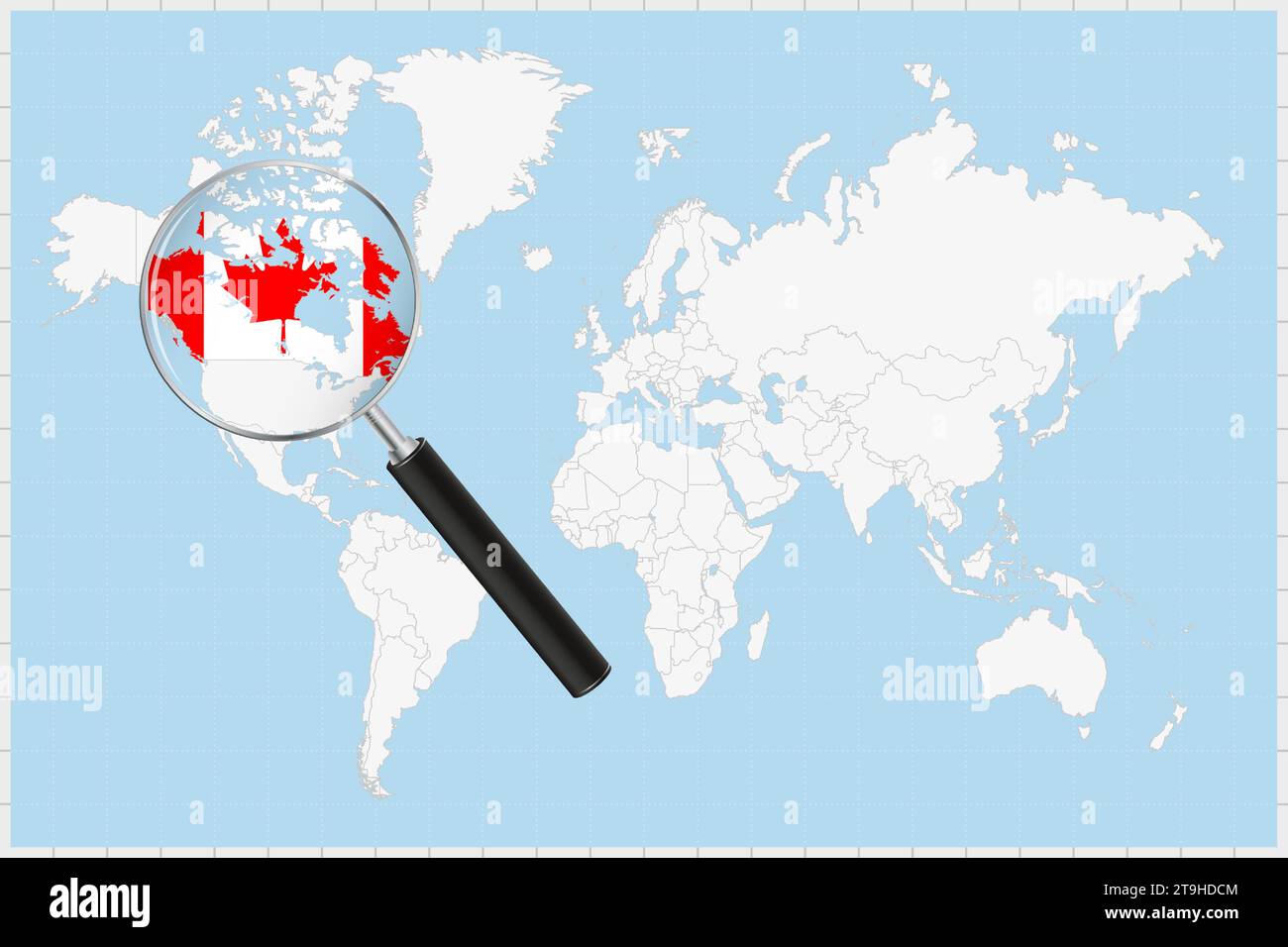 Magnifying glass showing a map of Canada on a world map. Canada flag and map enlarge in lens ...