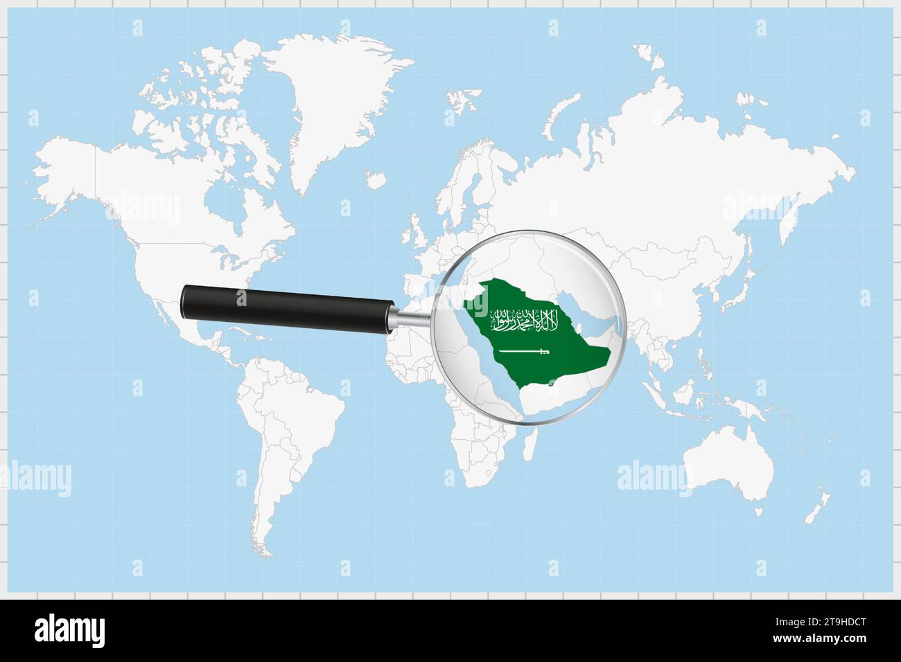Magnifying glass showing a map of Saudi Arabia on a world map. Saudi ...