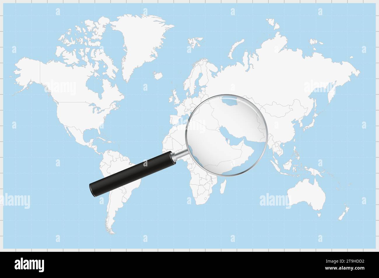 Magnifying glass showing a map of Bahrain on a world map. Bahrain flag ...