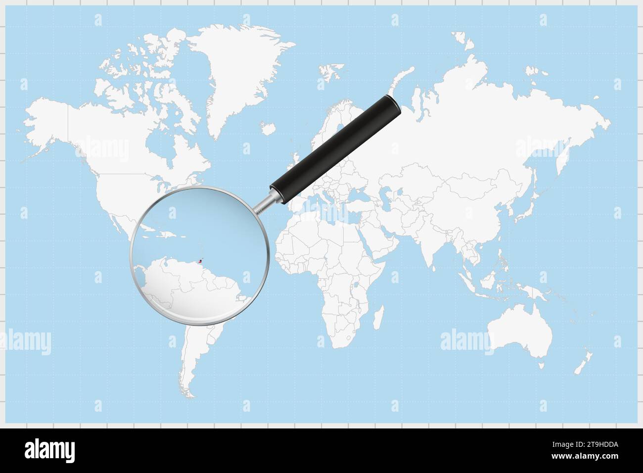 Magnifying glass showing a map of Trinidad and Tobago on a world map ...