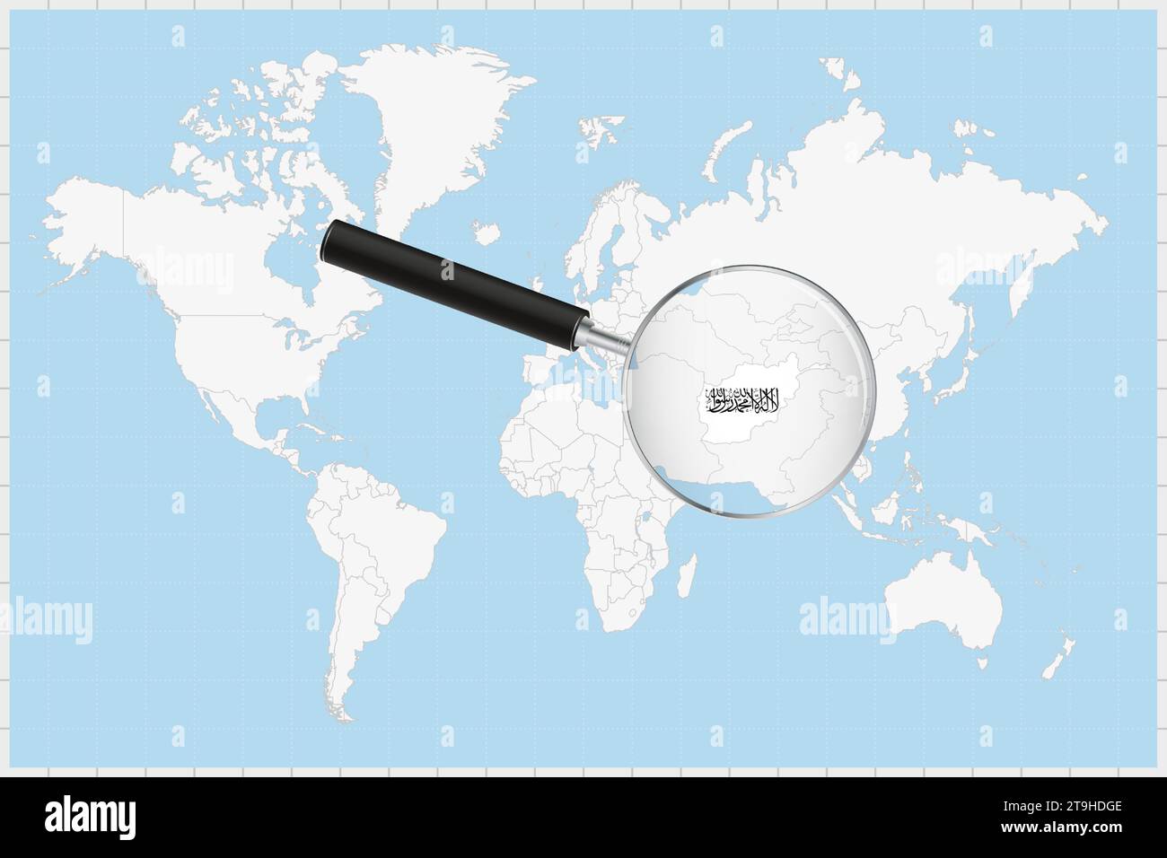 Magnifying glass showing a map of Afghanistan on a world map. Afghanistan flag and map enlarge ...