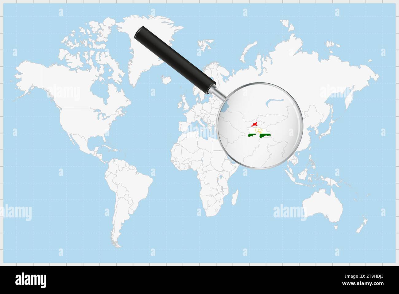 Magnifying glass showing a map of Tajikistan on a world map. Tajikistan flag and map enlarge in ...