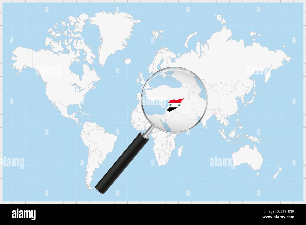 Magnifying glass showing a map of Syria on a world map. Syria flag and ...