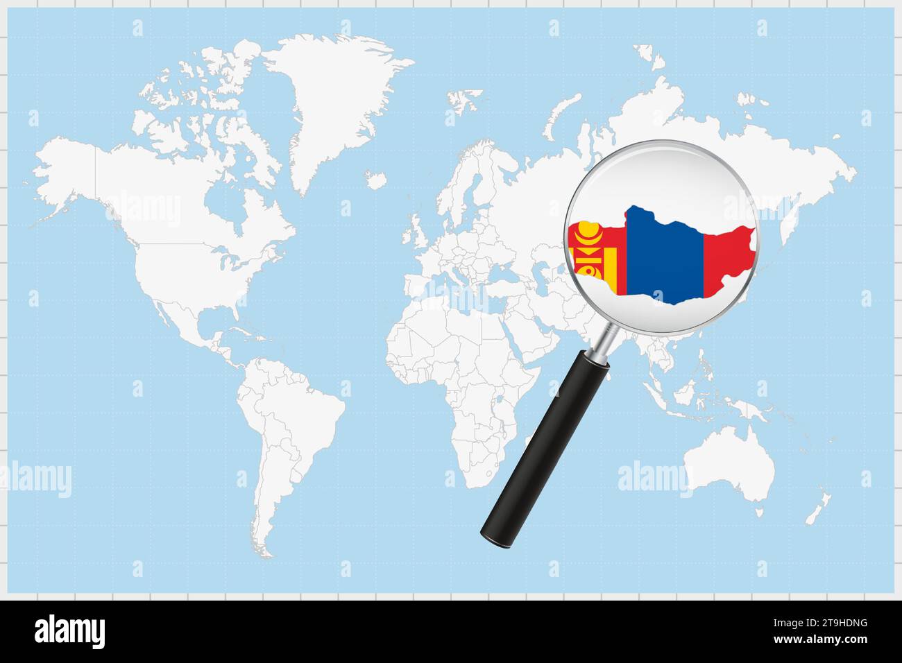 Magnifying glass showing a map of Mongolia on a world map. Mongolia flag and map enlarge in lens ...