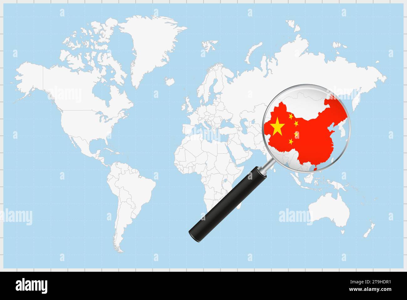 Magnifying glass showing a map of China on a world map. China flag and ...