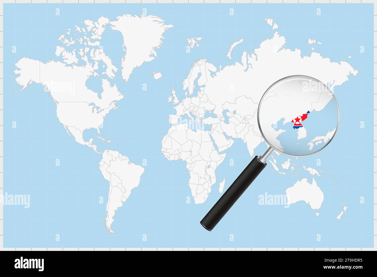 Magnifying glass showing a map of North Korea on a world map. North Korea flag and map enlarge ...