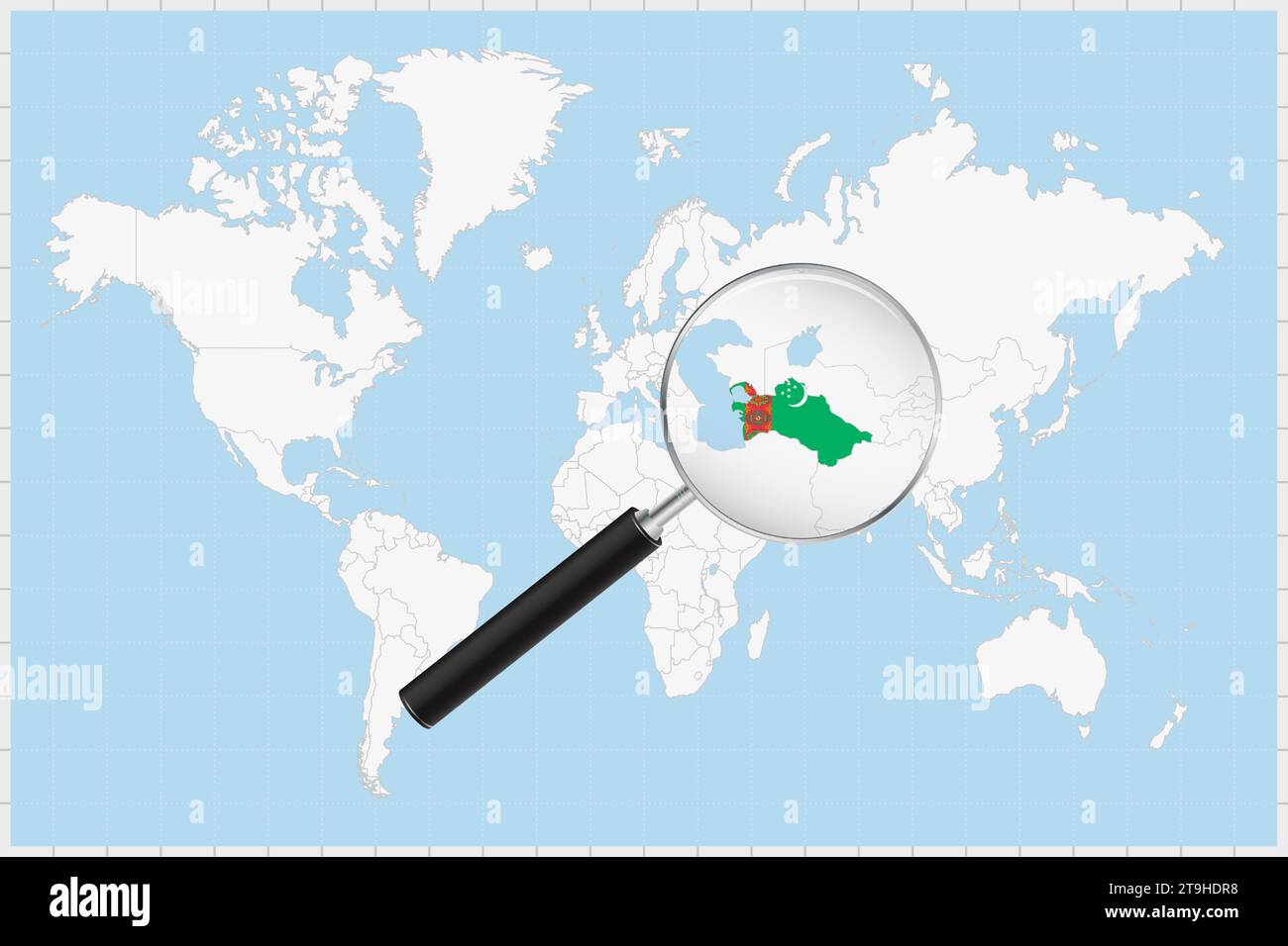 Magnifying glass showing a map of Turkmenistan on a world map. Turkmenistan flag and map enlarge ...