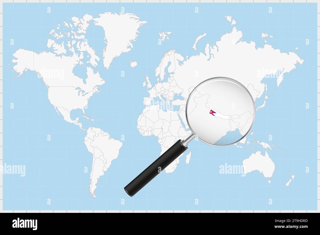 Magnifying glass showing a map of Nepal on a world map. Nepal flag and map enlarge in lens ...