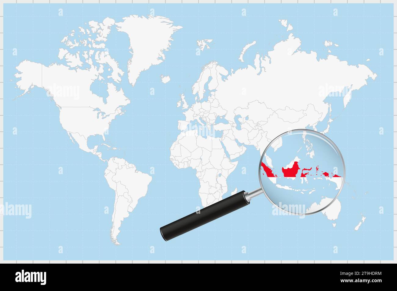 Magnifying glass showing a map of Indonesia on a world map. Indonesia ...