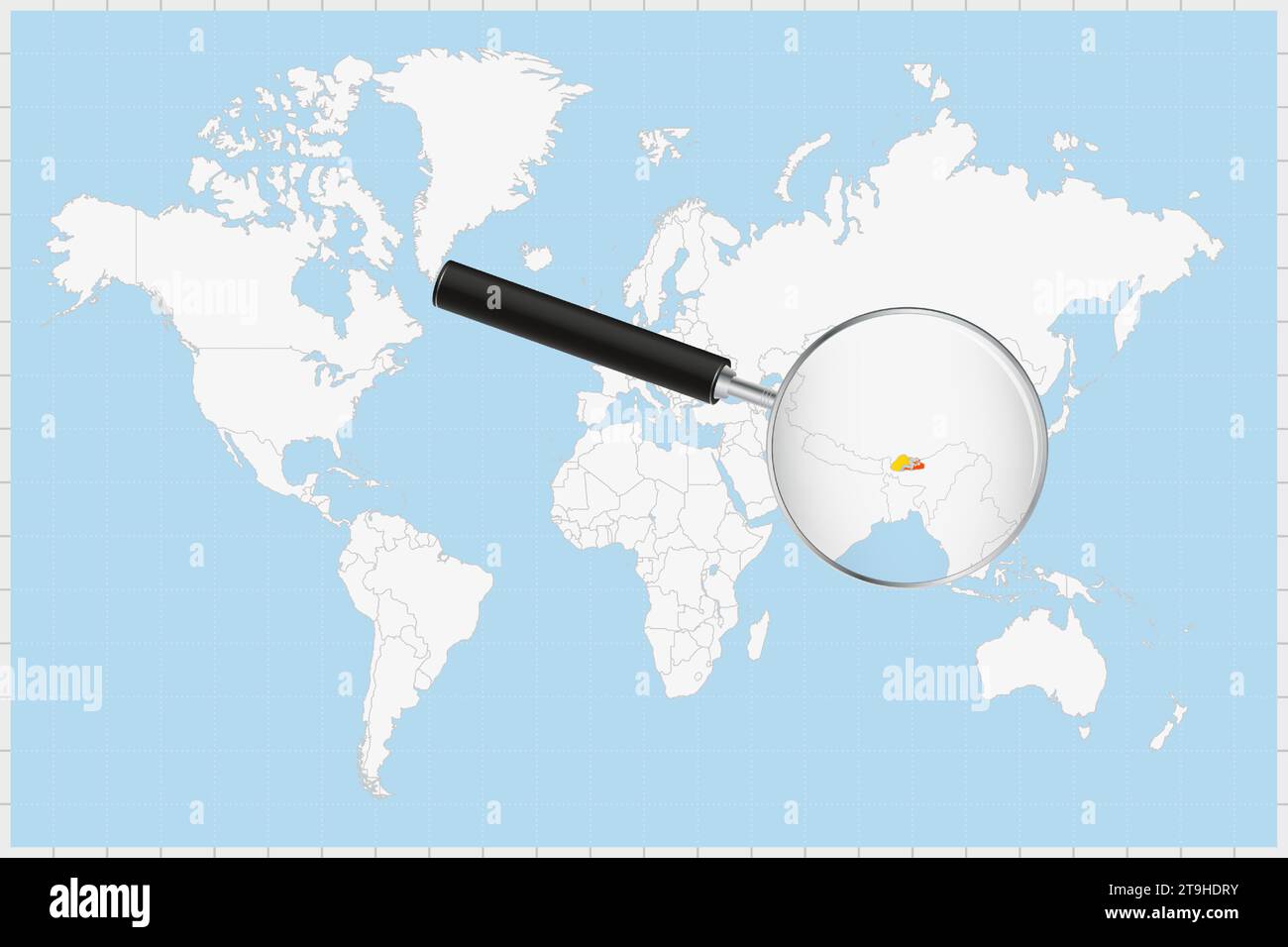Magnifying glass showing a map of Bhutan on a world map. Bhutan flag and map enlarge in lens ...