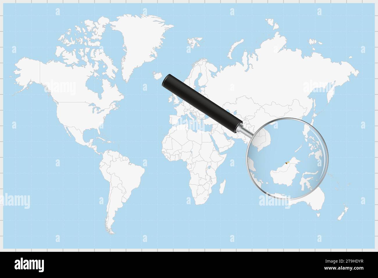 Magnifying glass showing a map of Brunei on a world map. Brunei flag and map enlarge in lens ...