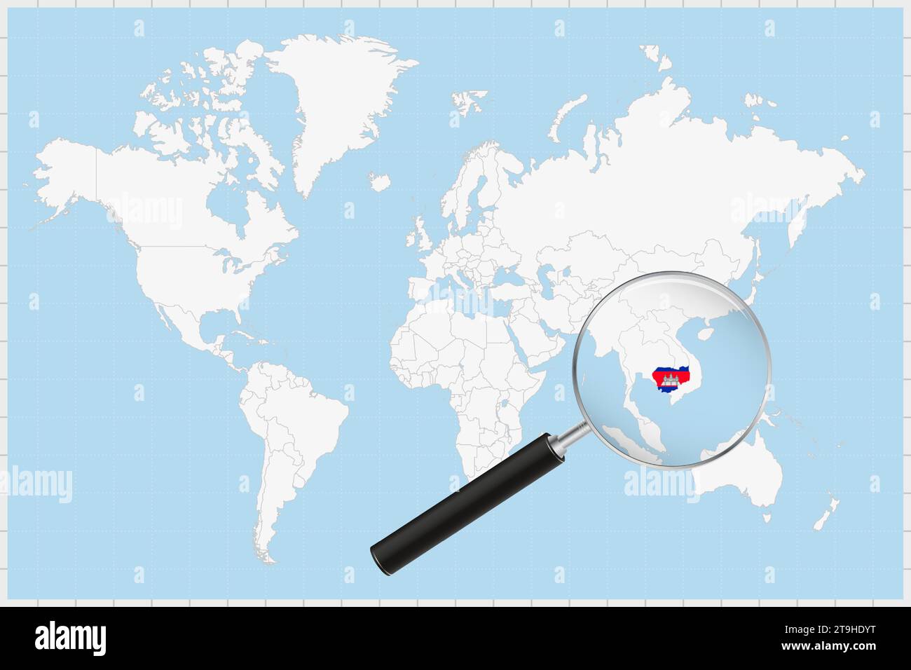 Magnifying glass showing a map of Cambodia on a world map. Cambodia flag and map enlarge in lens ...